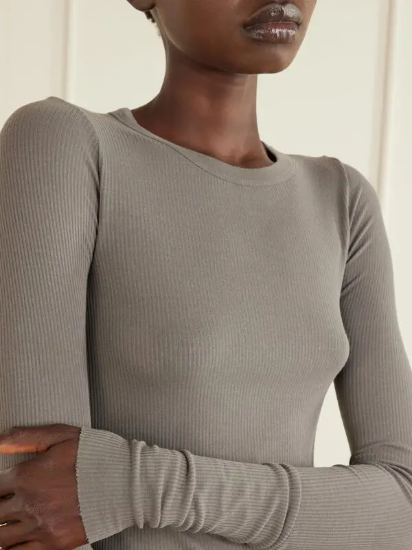 Rick Owens Ribbed Jersey T-shirt With Elongated Sleeves And Raw Hem - Gray