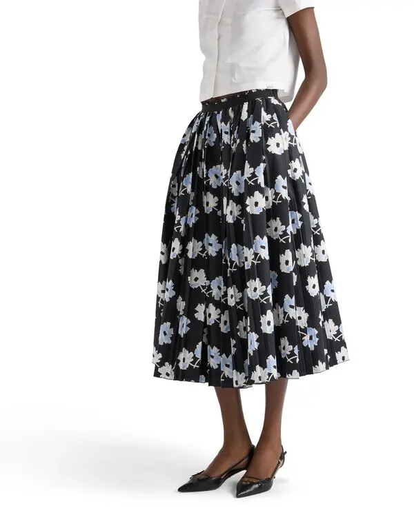 Prada Pleated Poplin Floral Midi Skirt