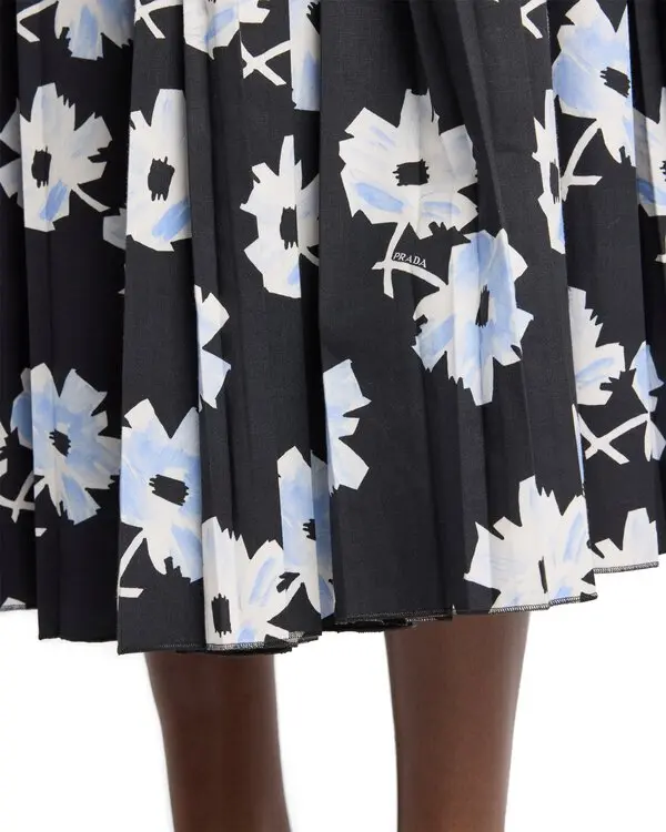 Prada Pleated Poplin Floral Midi Skirt