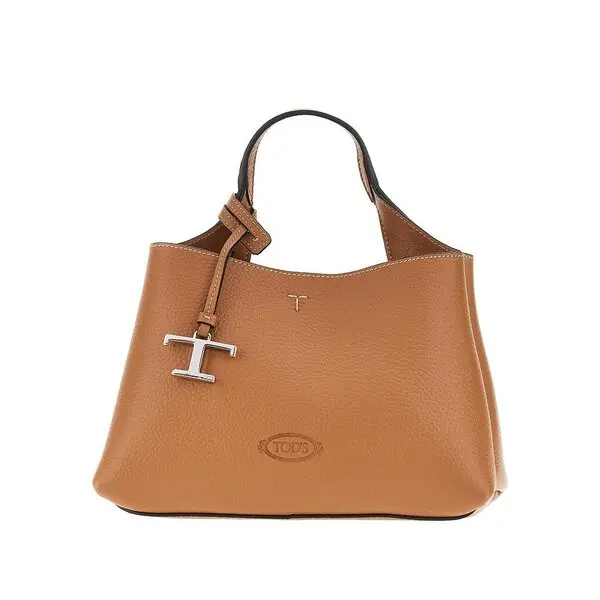 TOD'S Grained Leather Micro Shopping Bag With T Timeless Charm - Brown