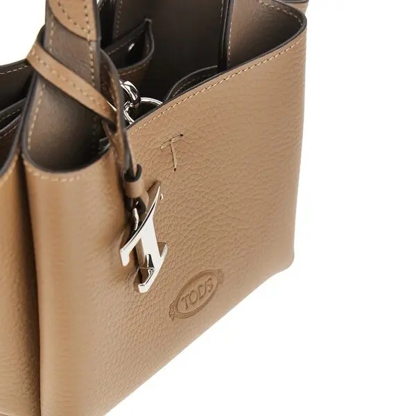 TOD'S Grained Leather Mini Shopping Bag With T Timeless Charm - Brown
