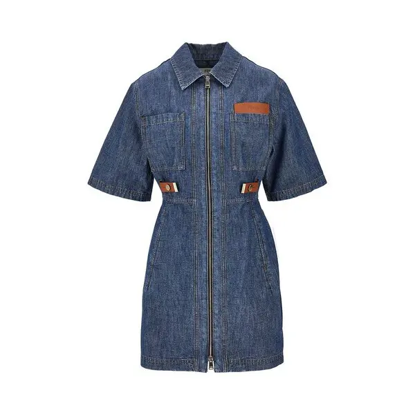 Fendi Chambray Mini Dress With Leather Details - Blue