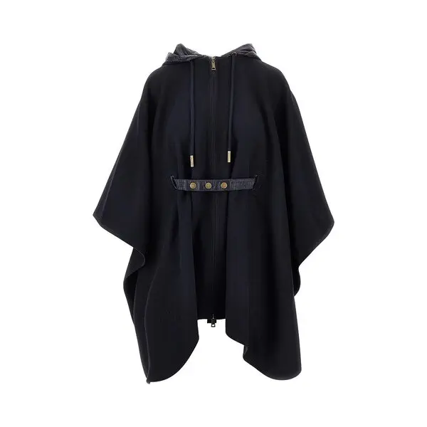 Moncler Wool Cloth Cape With Nylon Hood - Blue
