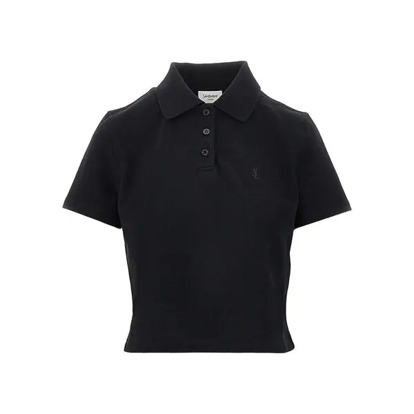 Saint Laurent Cropped Cotton Piquet Polo Shirt With Cassandre Logo Embroidery - Black