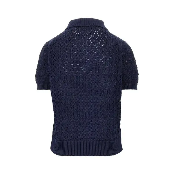 Miu Miu Lace Effect Openworked Cotton Knit Polo Shirt