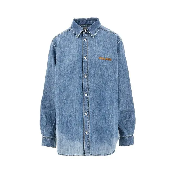 Miu Miu Logo Embroidered Chambray Denim Shirt - Blue
