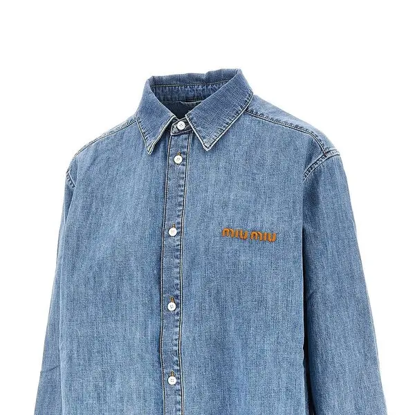 Miu Miu Logo Embroidered Chambray Denim Shirt - Blue