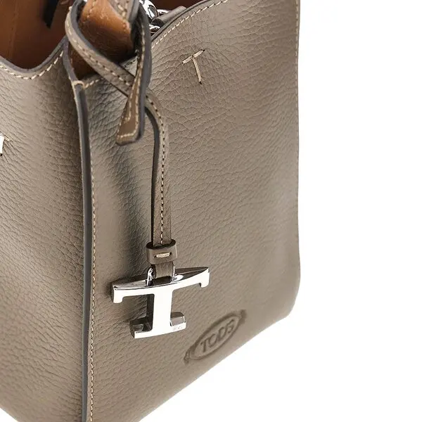TOD'S Grained Leather Micro Tote Bag With T Timeless Charm - Grey