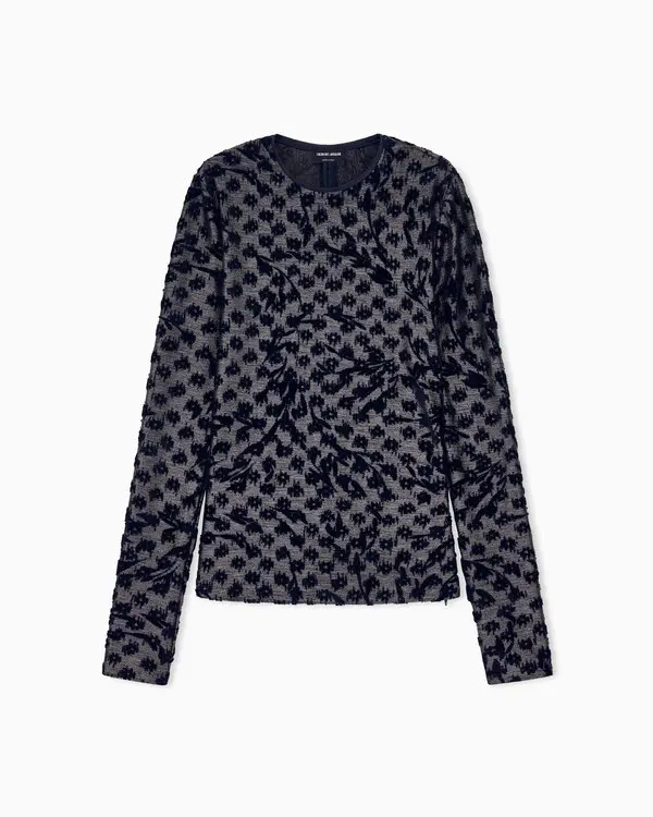 Giorgio Armani Crew-neck Jacquard Jersey Top With Geometric Floral Motif - Navy Blue