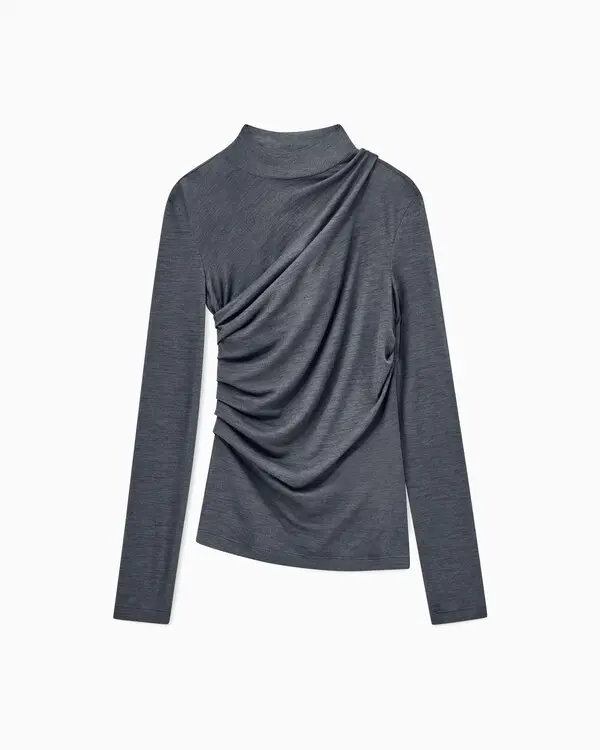 Giorgio Armani Top In Wool Jersey With Crater Neck And Draped Front - Grey