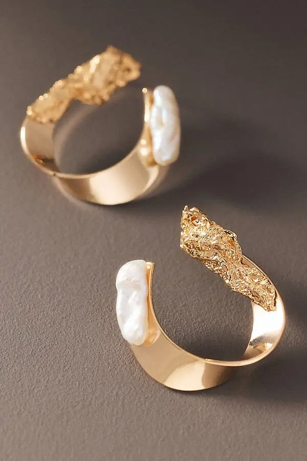 Anthropologie Hammered Hoop Pearl Earrgs