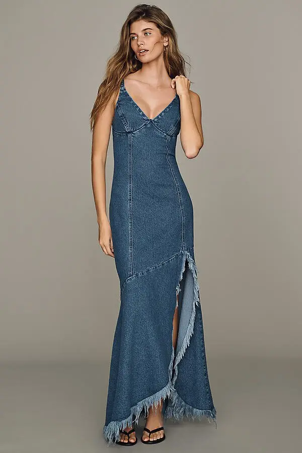 Avec Les Filles Frayed Hem Denim Maxi Dress