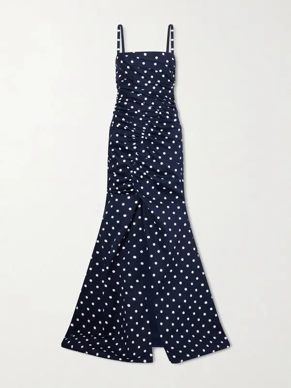 Carolina Herrera Gathered Polka-dot Cotton-blend Twill Gown - Blue