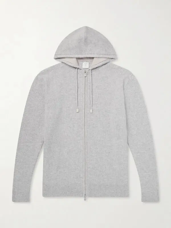 Eleventy Ribbed Cashmere Zip-up Hoodie - Gray