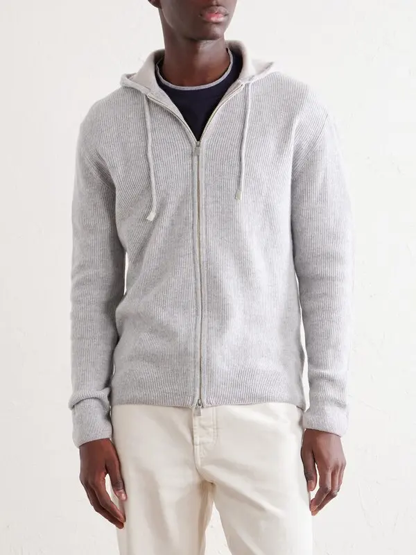 Eleventy Ribbed Cashmere Zip-up Hoodie