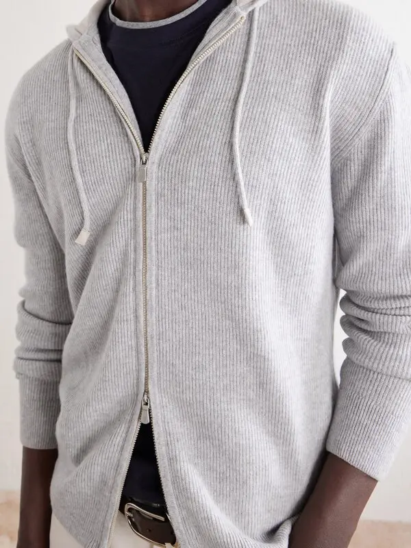 Eleventy Ribbed Cashmere Zip-up Hoodie