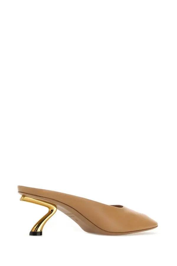 FERRAGAMO Beige Leather Mules With Sculptural Heel