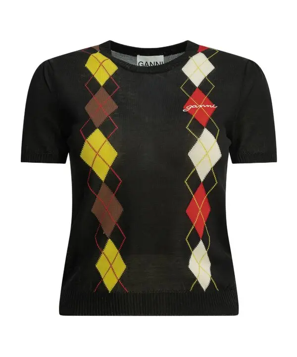 GANNI Argyle Short-sleeve Knitted Top - Black