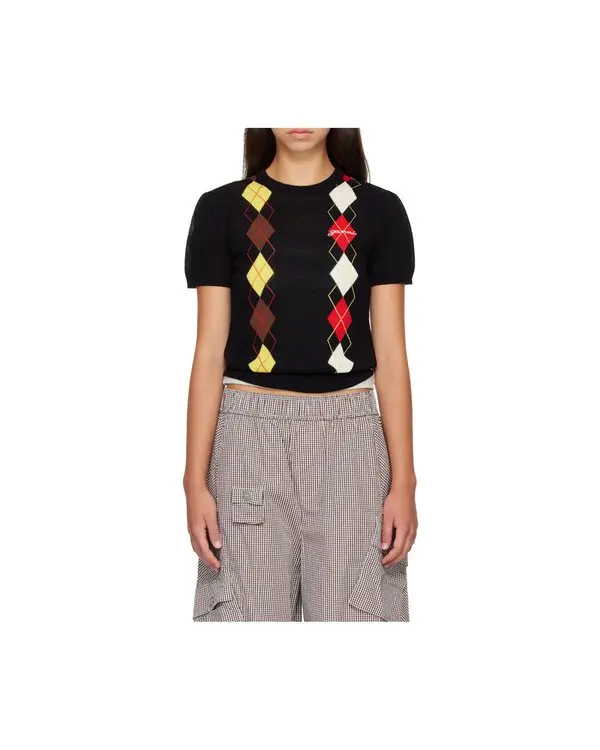 GANNI Argyle Short-sleeve Knitted Top - Black