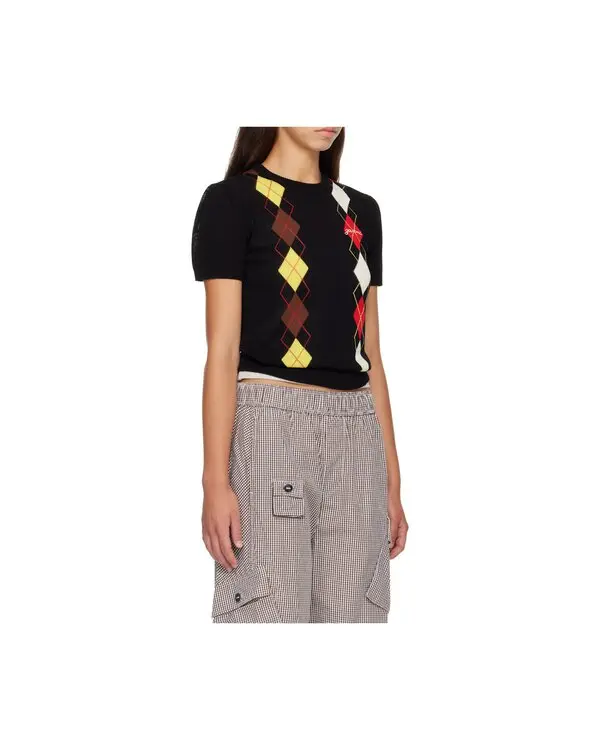GANNI Argyle Short-sleeve Knitted Top - Black