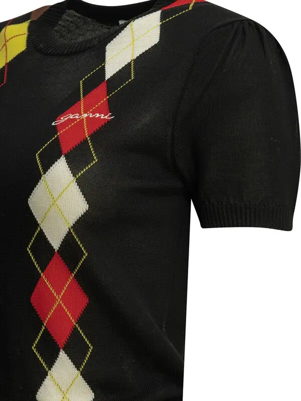 GANNI Argyle Short-sleeve Knitted Top - Black
