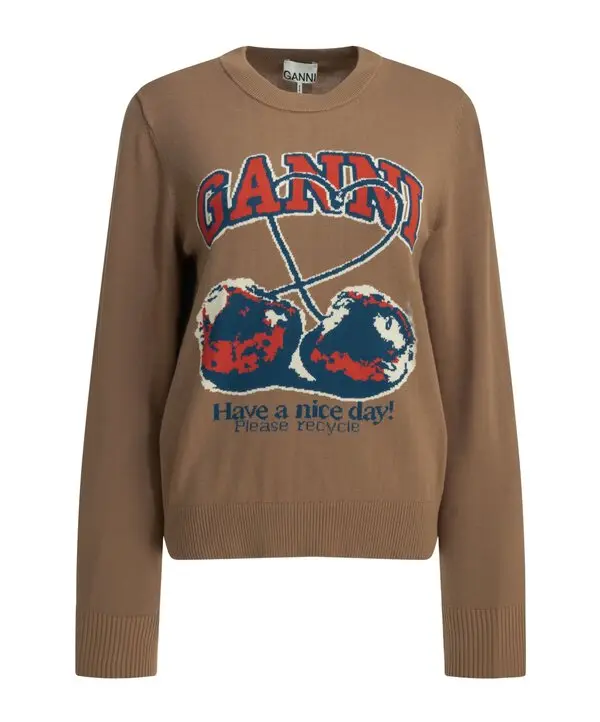 GANNI Crewneck Jumper With Cherry Graphic - Brown