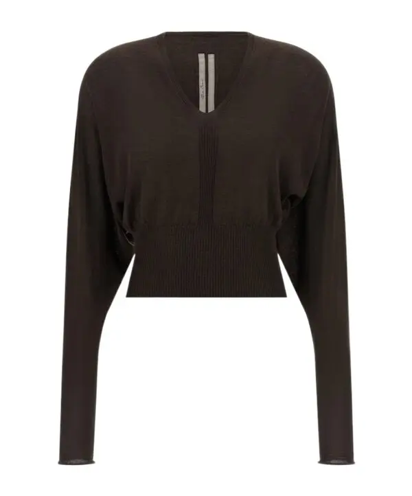 Rick Owens Cropped V-neck Batwing Wool Sweater - Black