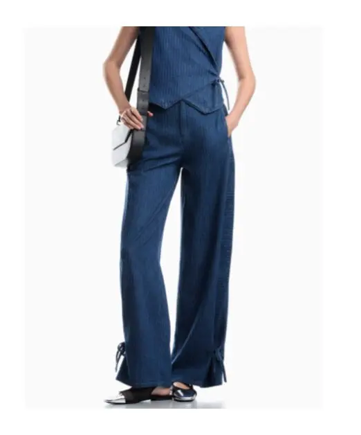 Emporio Armani Five-pocket Pinstriped Denim Pants With Side Bows