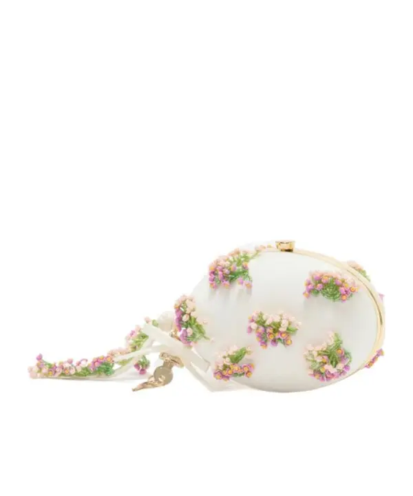 SELF-PORTRAIT Satin Pink Floral Beaded Oval Clutch