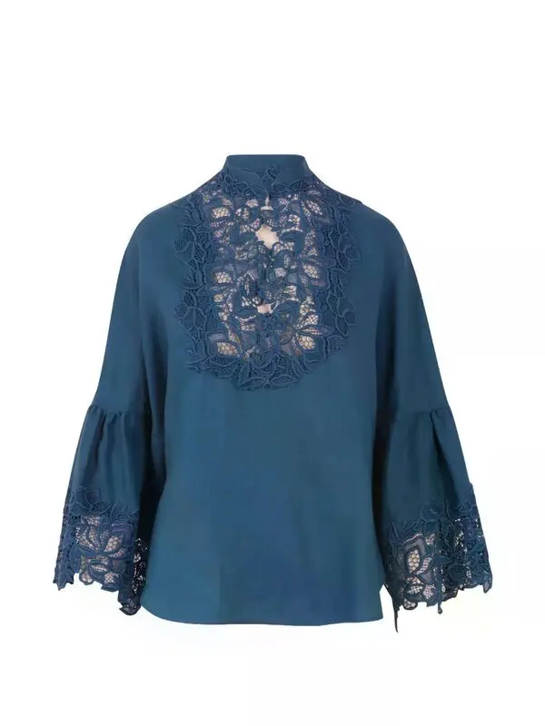 Ermanno Scervino Teal Lace Trim Bell Sleeve Blouse