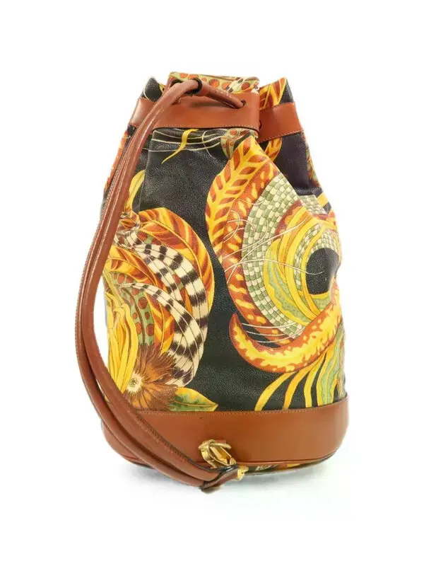 FERRAGAMO Brown Leaf-print Drawstring Bucket Bag