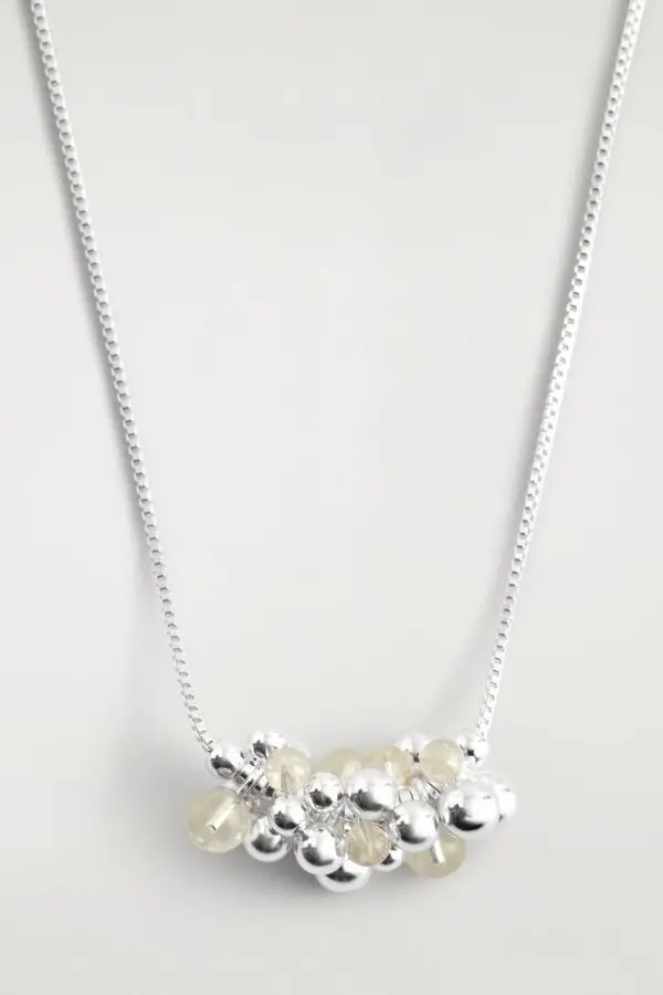 Cos Clustered Beaded Necklace With Quartz Crystal - Silver-colored