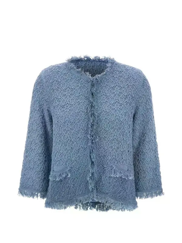 KANGRA Embroidered Fringe-trim Cardigan - Blue