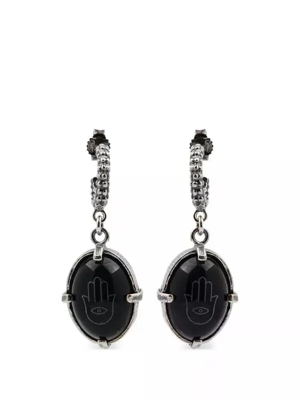 GEM KINGDOM Hamsa Engraved Onyx Drop Earrings - Silver