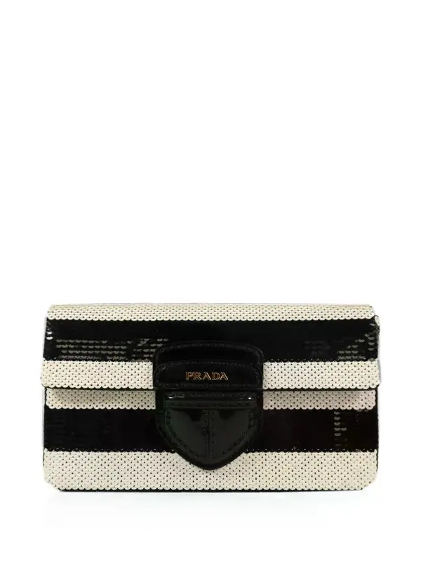 Prada Sequin Embellished Striped Clutch Bag - Black