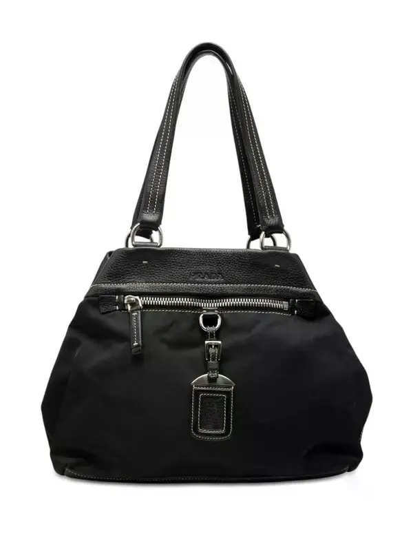 Prada Vitello Trimmed Tessuto Tote Bag - Black