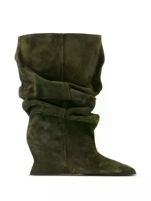 Balmain Khaki Calfskin Wedge Ankle Boots - Green