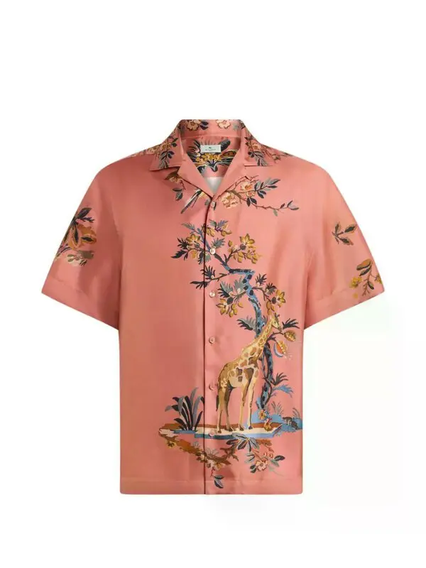Etro Silk Bowling Shirt With Placed Flower And Animal Print - Pink