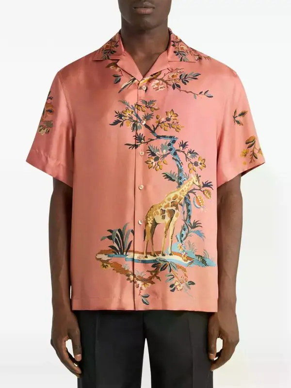 Etro Silk Bowling Shirt With Placed Flower And Animal Print - Pink