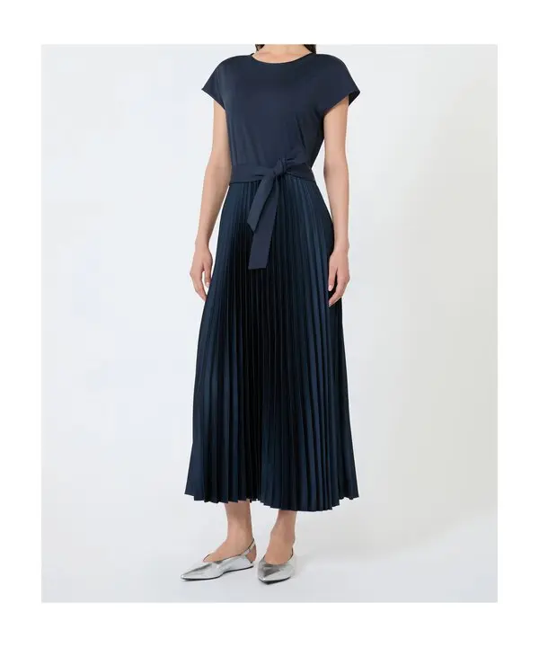 Max Mara Short Sleeve Pleated Dress With Belt - Blue
