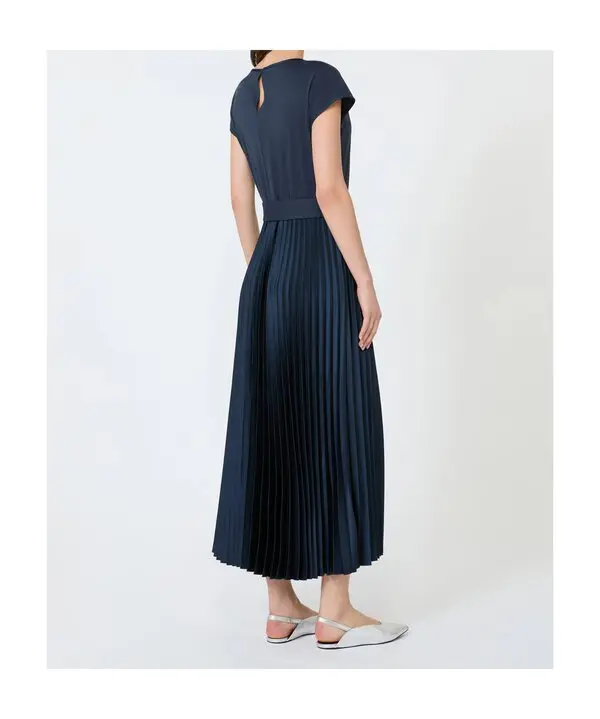 Max Mara Short Sleeve Pleated Dress With Belt - Blue