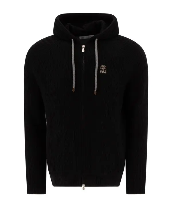 Brunello Cucinelli Logo Embroidered English Rib Knit Hooded Sweatshirt - Black