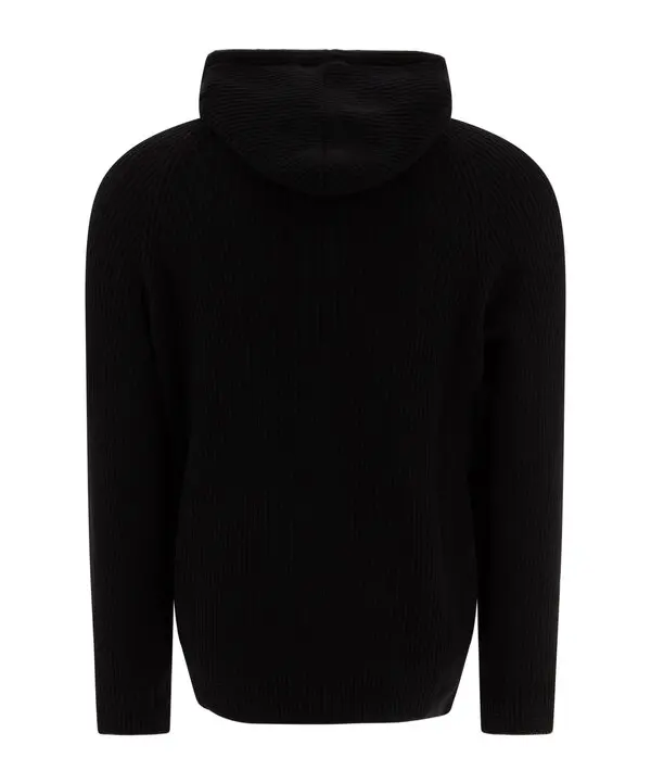 Brunello Cucinelli Logo Embroidered English Rib Knit Hooded Sweatshirt - Black