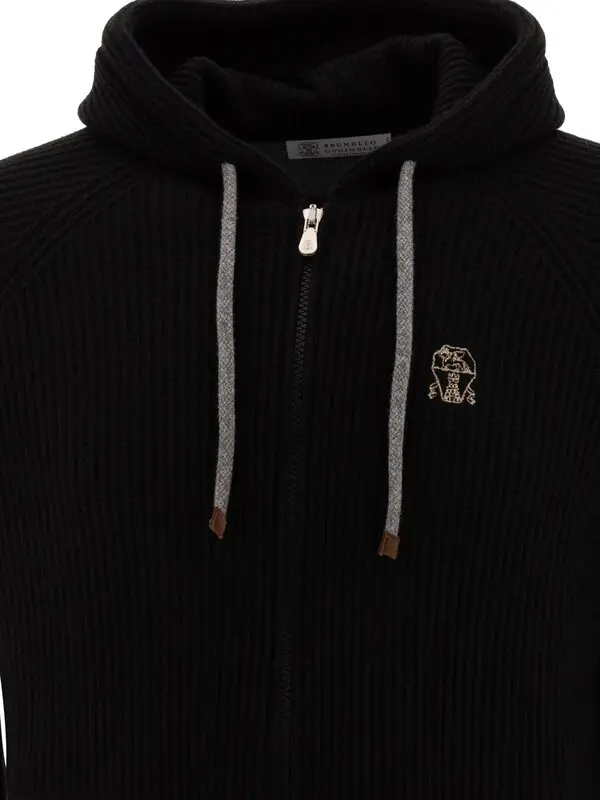 Brunello Cucinelli Logo Embroidered English Rib Knit Hooded Sweatshirt - Black