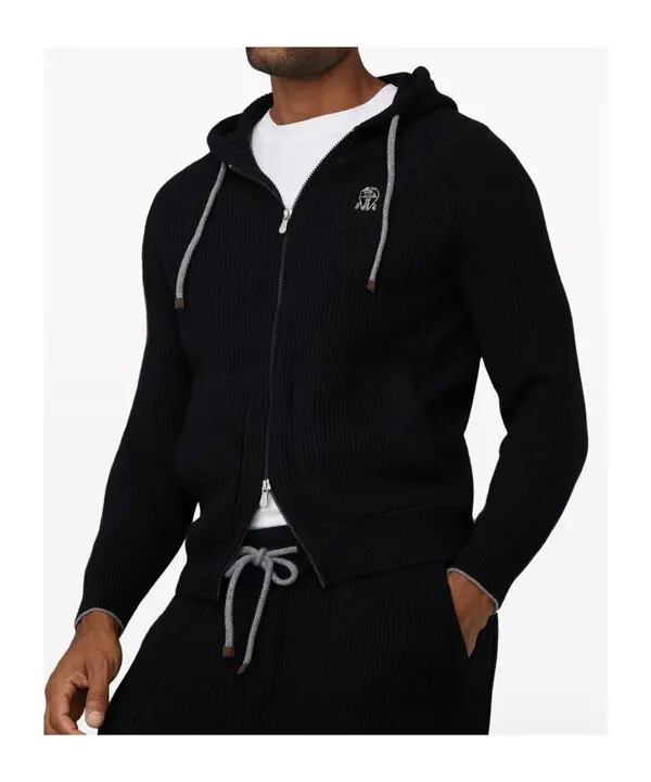 Brunello Cucinelli Logo Embroidered English Rib Knit Hooded Sweatshirt - Black