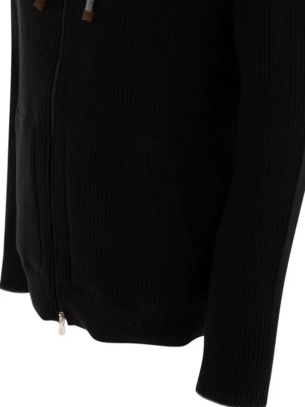 Brunello Cucinelli Logo Embroidered English Rib Knit Hooded Sweatshirt - Black