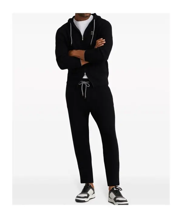 Brunello Cucinelli Logo Embroidered English Rib Knit Hooded Sweatshirt - Black