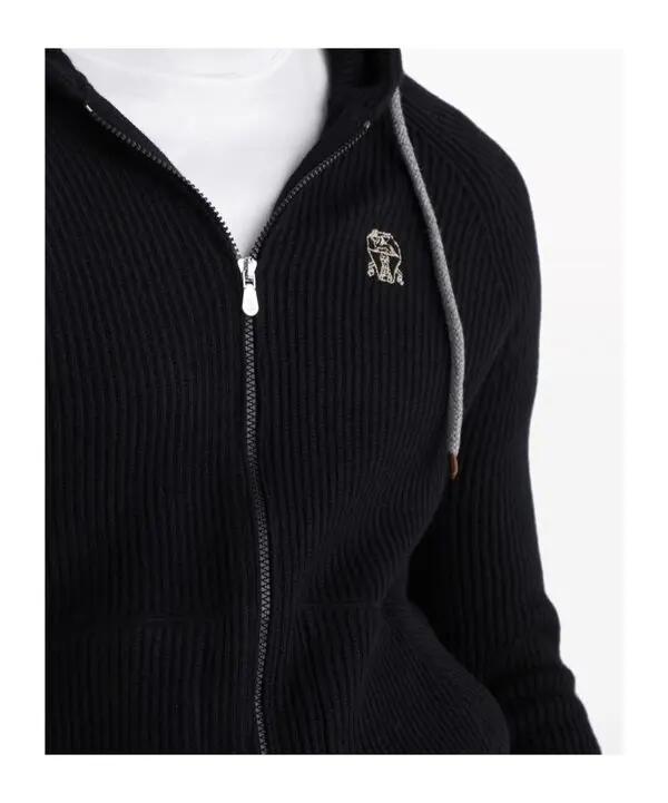 Brunello Cucinelli Logo Embroidered English Rib Knit Hooded Sweatshirt - Black