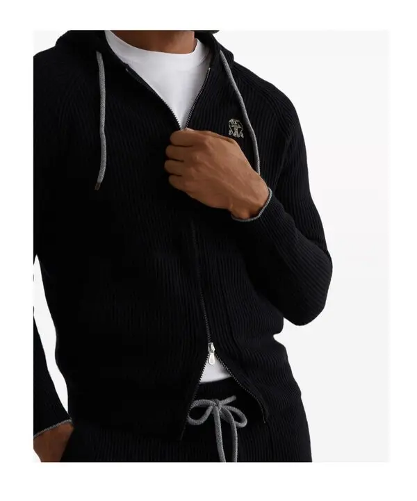 Brunello Cucinelli Logo Embroidered English Rib Knit Hooded Sweatshirt - Black