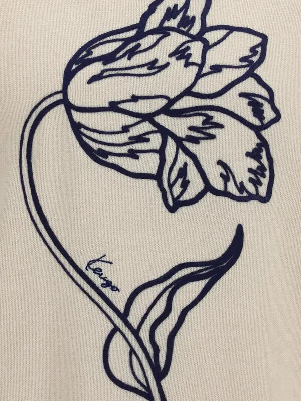 Kenzo Floral Wool And Cotton Blend Jumper With Embroidered Logo - White